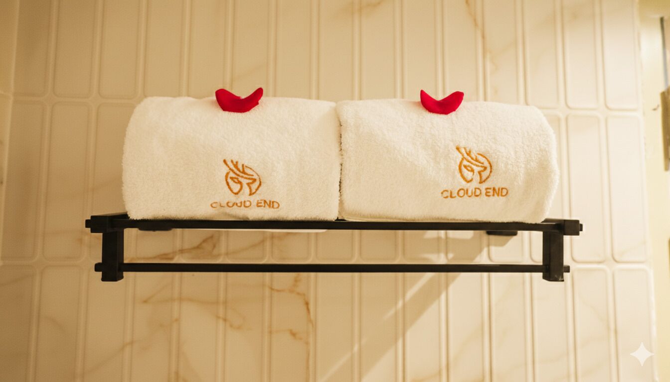 Duas toalhas com a marca 'Cloud End' em uma prateleira preta, em frente a uma parede revestida de azulejos.