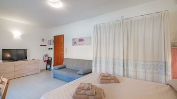 Quarto de hotel com uma cama, um sofá, uma televisão, um extintor de incêndio e uma cortina.