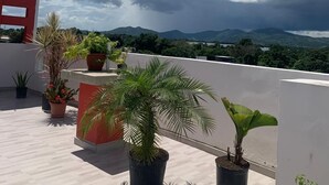 Terraço no telhado com plantas em vasos e vista para montanhas distantes sob um céu parcialmente nublado.