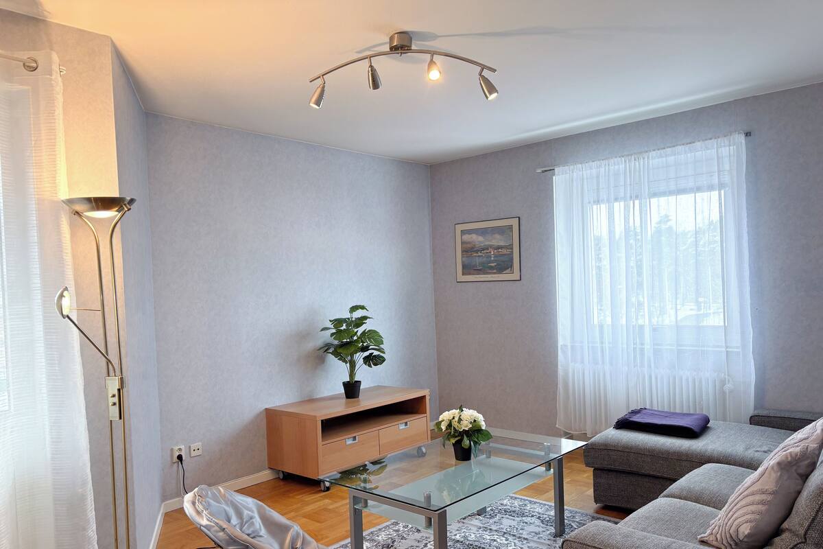 Uma sala de estar moderna com uma mesa de centro de vidro, um sofá, uma planta e um lustre.