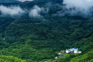 Uma região montanhosa com um conjunto de edifícios rodeado por floresta densa.