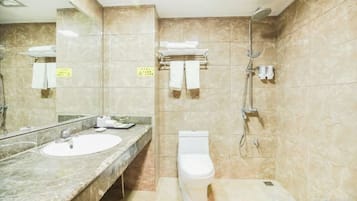 Casa de banho com lavatório, espelho, sanita e chuveiro.