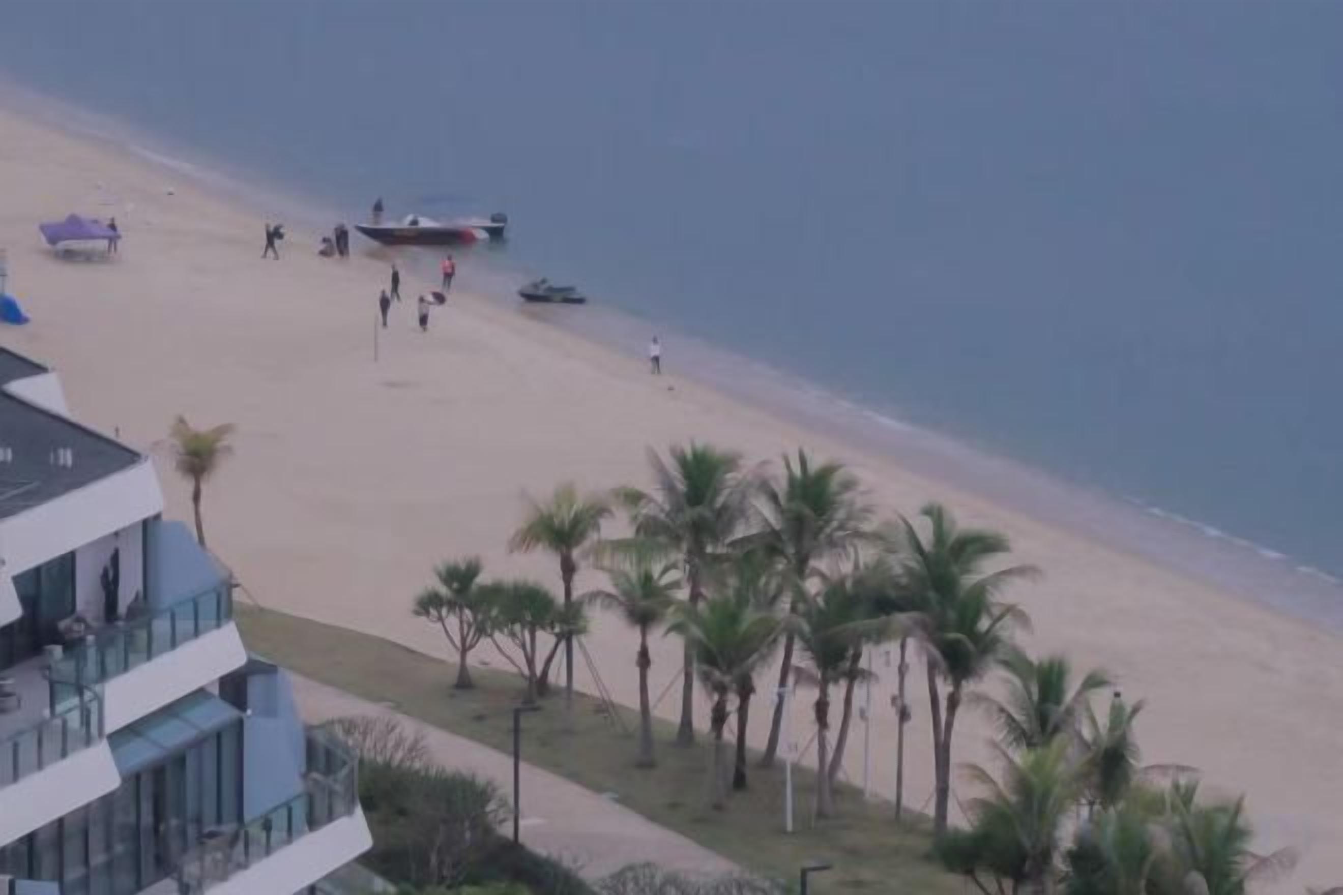 Uma praia com palmeiras e um edifício com varandas.