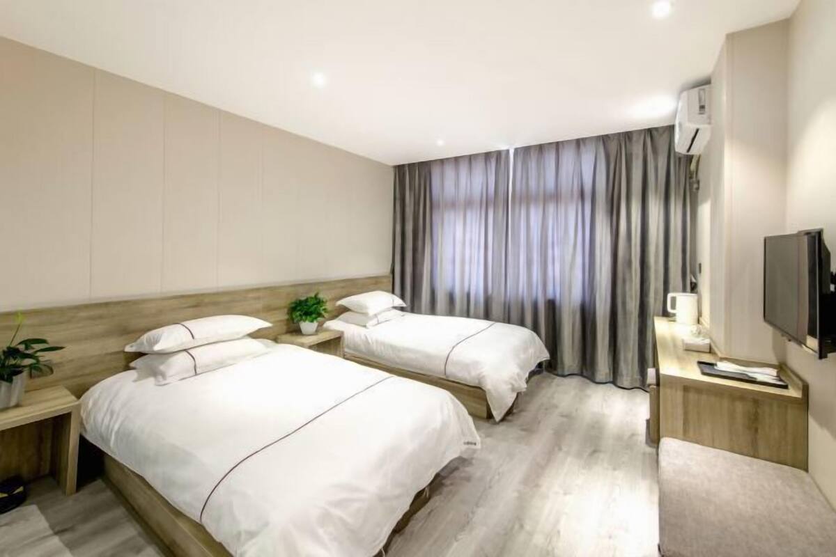 Quarto de hotel com duas camas, televisão, escrivaninha e uma planta.