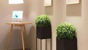 Um corredor com uma mesa, duas plantas em vasos e quadros nas paredes.