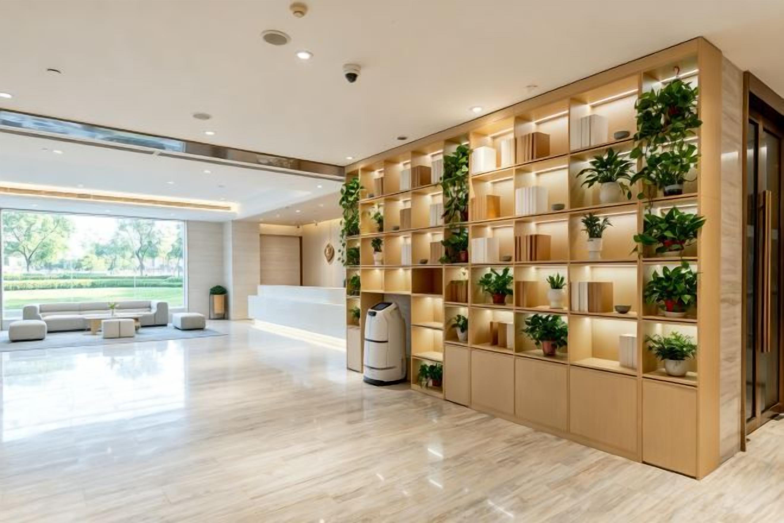 Uma área de recepção moderna com estante de madeira, assentos e vista para o exterior.