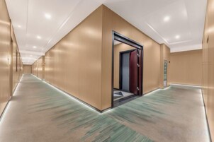 Corredor de hotel com piso carpetado, porta que dá para um quarto e elevador fixado na parede.