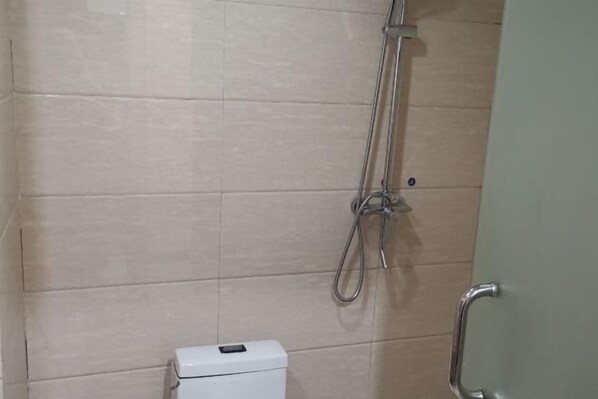 Um banheiro com vaso sanitário, chuveiro e porta de vidro.