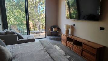 Quarto com uma cama grande, televisão fixada na parede, armário de madeira e vista para o exterior através de uma porta deslizante.