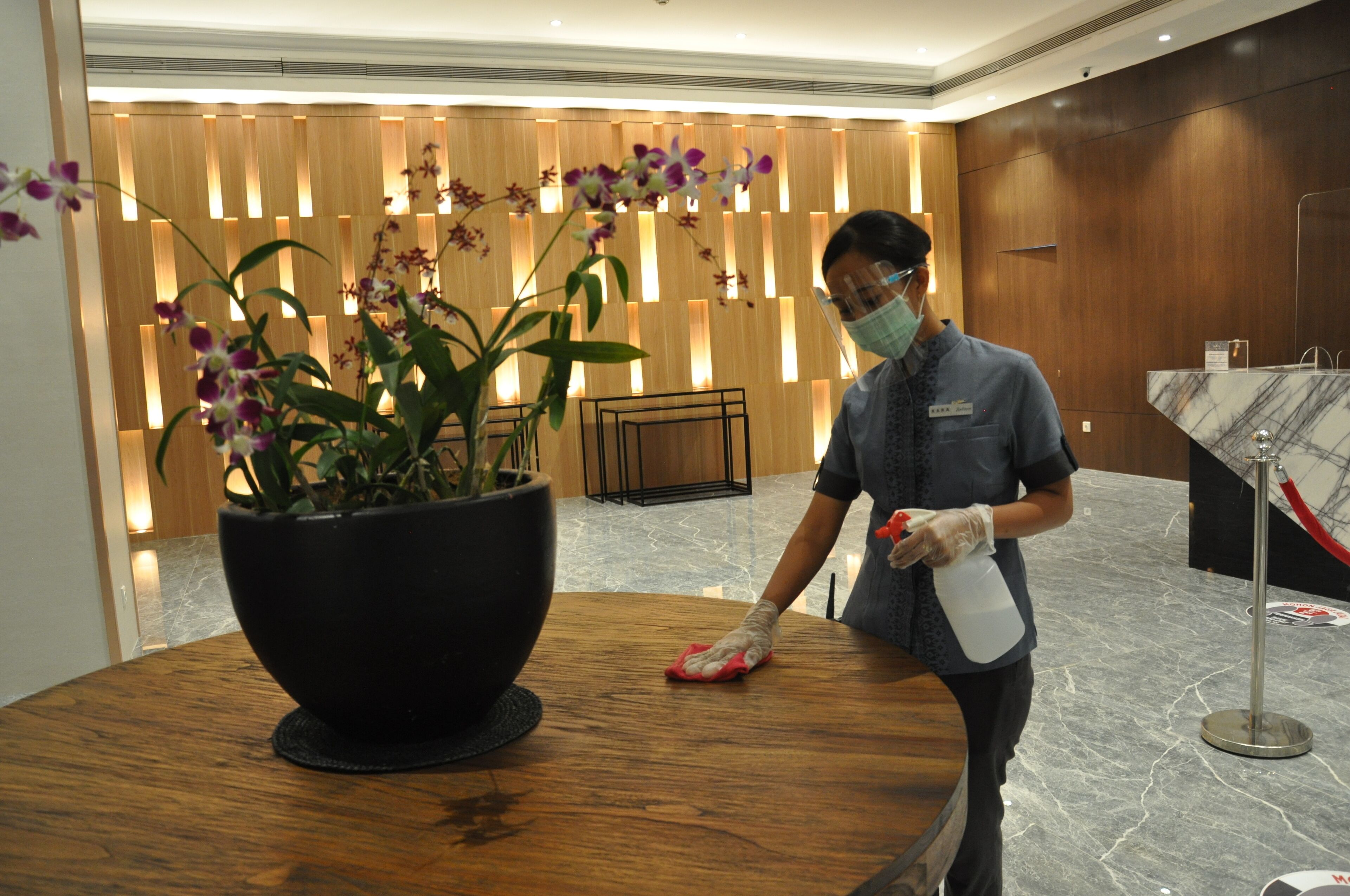 Uma área de recepção de hotel com uma grande orquídea em vaso, um balcão de recepção de mármore e uma parede de madeira com painéis de luz verticais.
