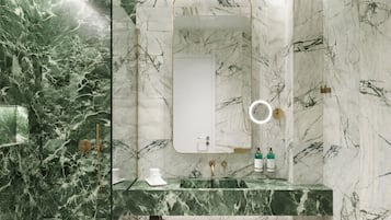 Suíte com design assinado | Banheiro | Chuveiro com efeito de chuva, produtos de toalete grátis