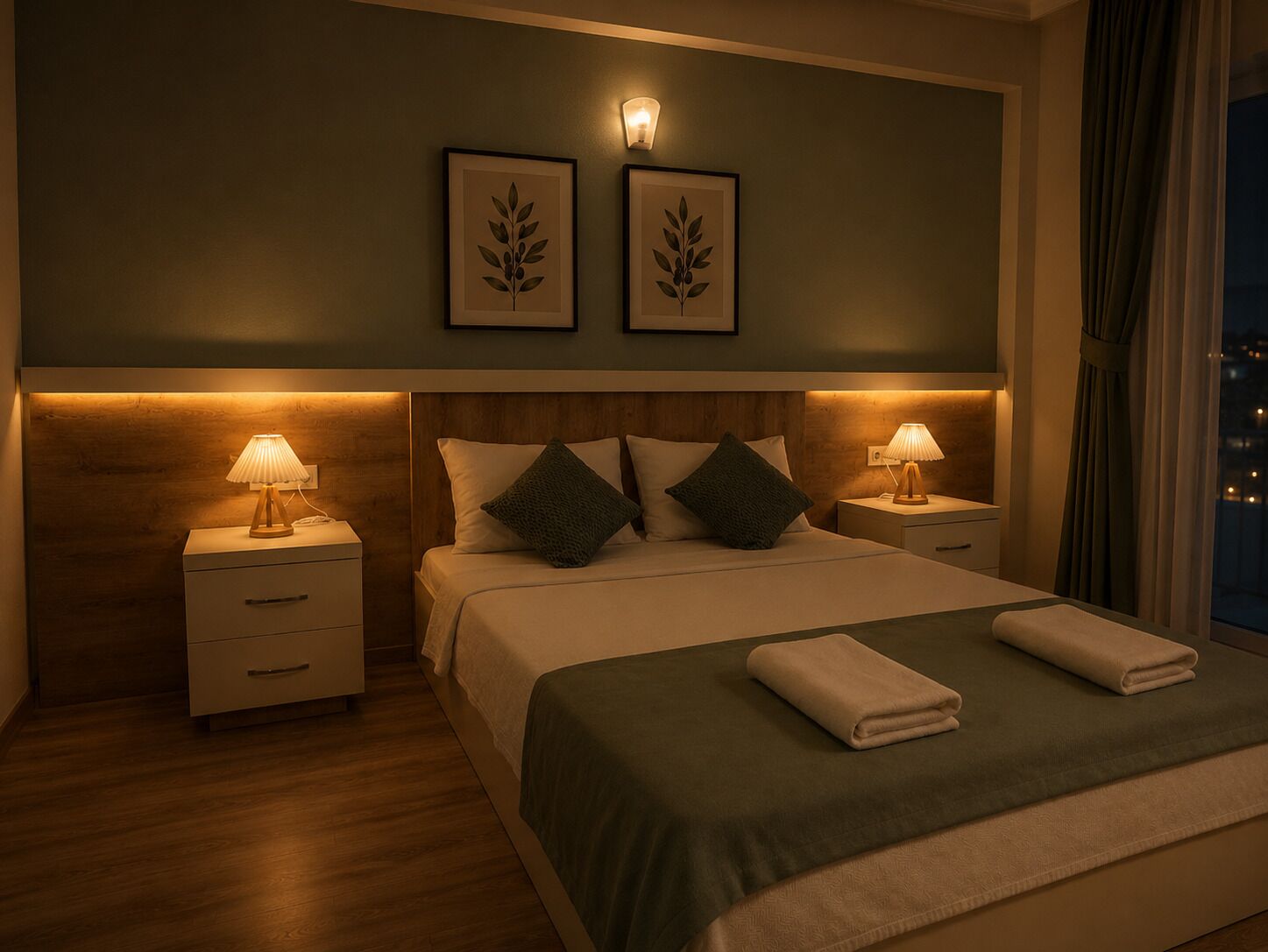 Quarto de hotel com uma cama, duas mesas de cabeceira com luminárias, um criado-mudo e uma cabeceira de madeira, além de duas obras de arte com folhas emolduradas na parede.