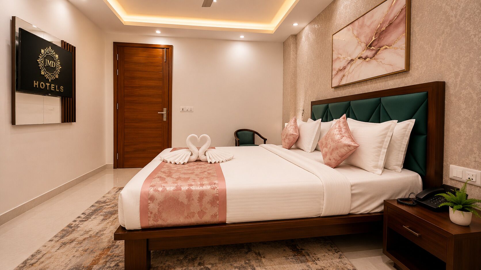 Quarto de hotel com cama, mesa de cabeceira e televisão fixada na parede.