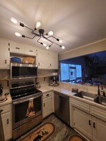 Um frigorífico/congelador grande, um micro-ondas, um forno 