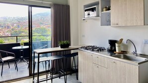 Cozinha moderna com fogão a gás, pia e janela com vista para a cidade.