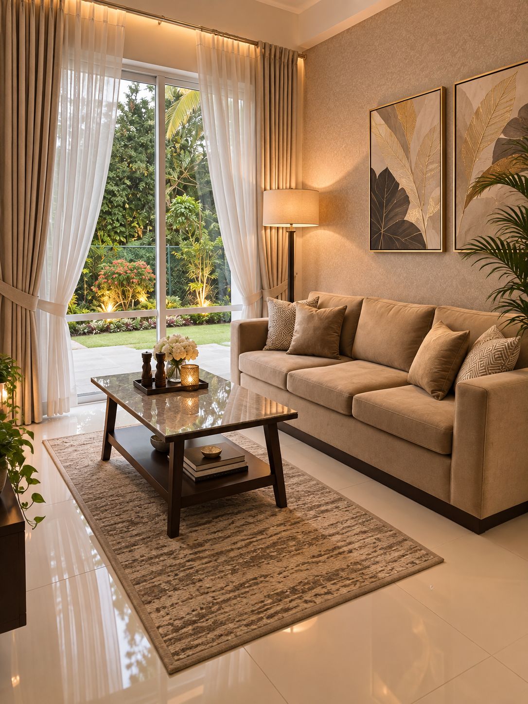 Sala de estar moderna com sofá, mesa de centro e vista para um jardim através de uma porta de vidro.