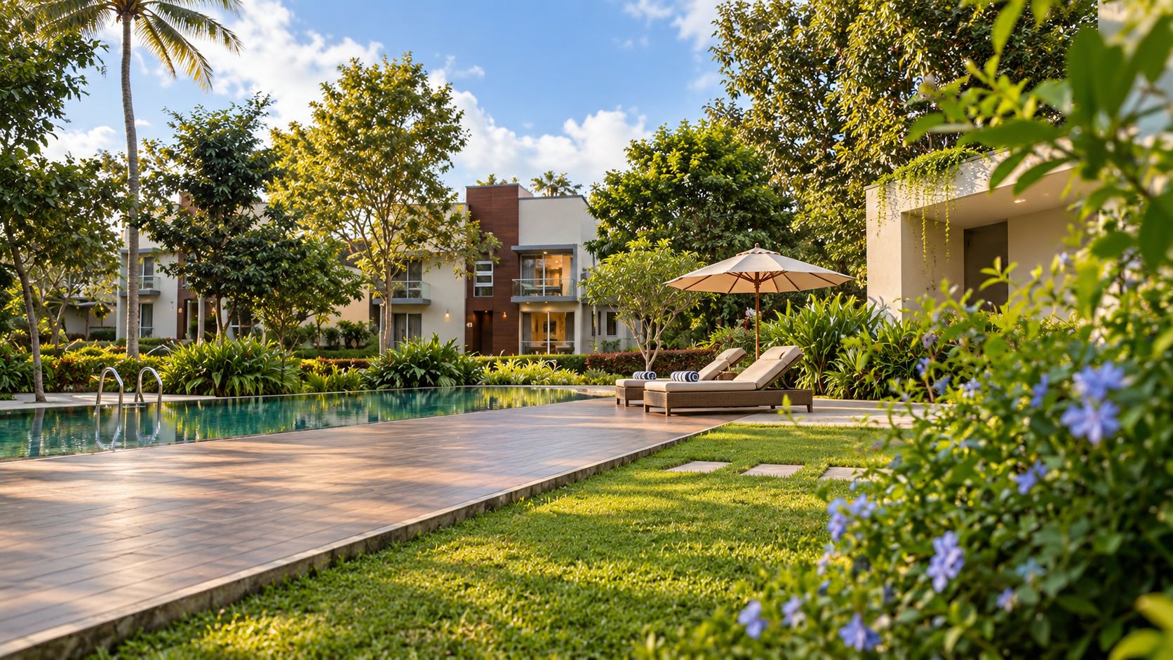 Área de piscina com espreguiçadeiras e uma palmeira.