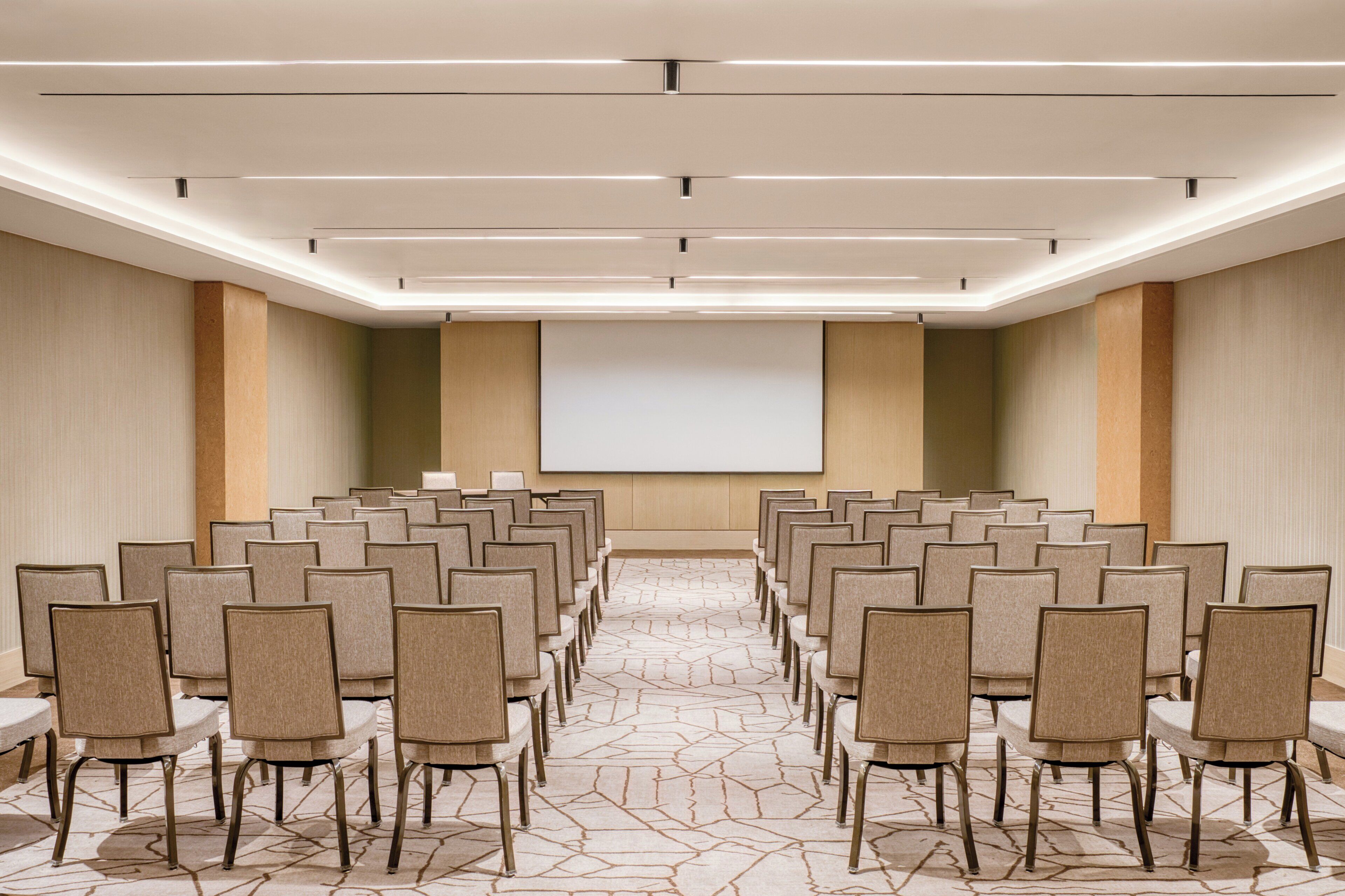 Sala de conferências com fileiras de cadeiras voltadas para uma tela de projeção, carpete estampado e design moderno no teto.