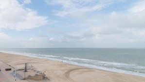 Uma praia com céu claro e mar calmo.