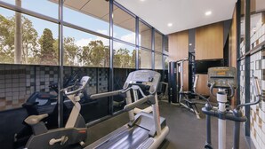 Uma academia com esteiras, bicicletas ergométricas e aparelhos de musculação.