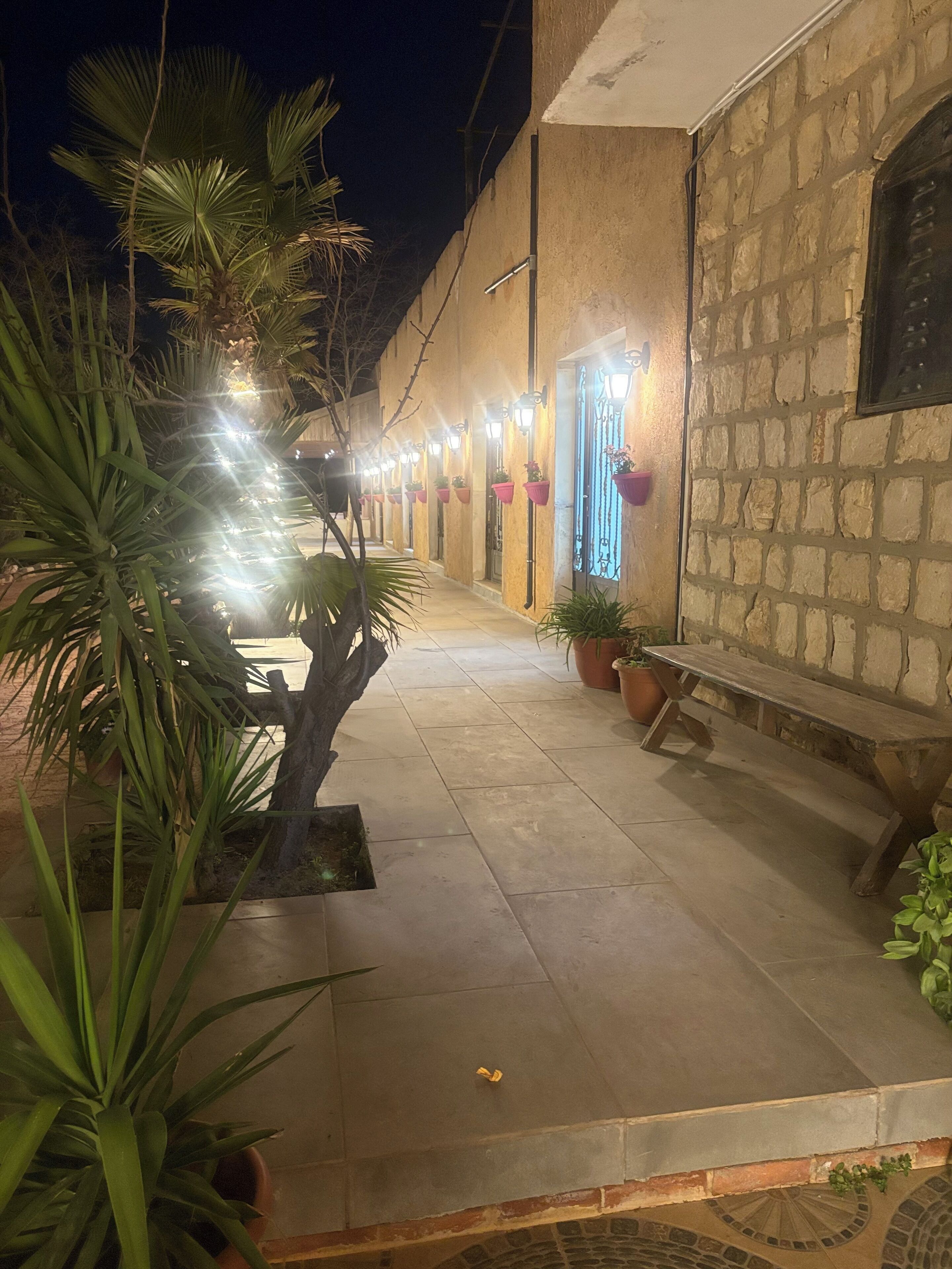 Uma passarela pavimentada com vasos de plantas e um banco, conduzindo a um edifício com fachada de pedra e uma porta com portão de metal decorativo.