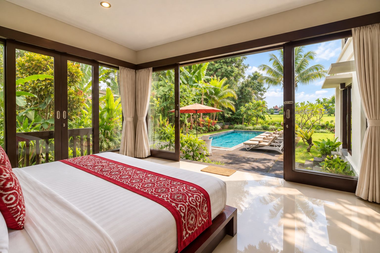 Quarto com uma cama grande, vista para uma piscina e um jardim exuberante.
