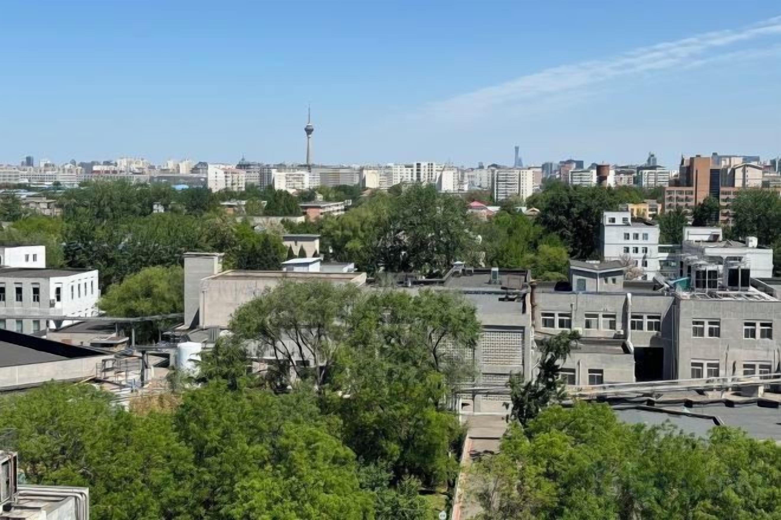 Paisagem urbana com edifícios, árvores e uma torre ao longe.