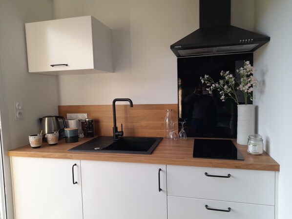 Apartamento empresarial, 1 cama Queen, cozinha americana, no piso térreo | Cozinha privada | Geladeira, micro-ondas, fogão, cooktop