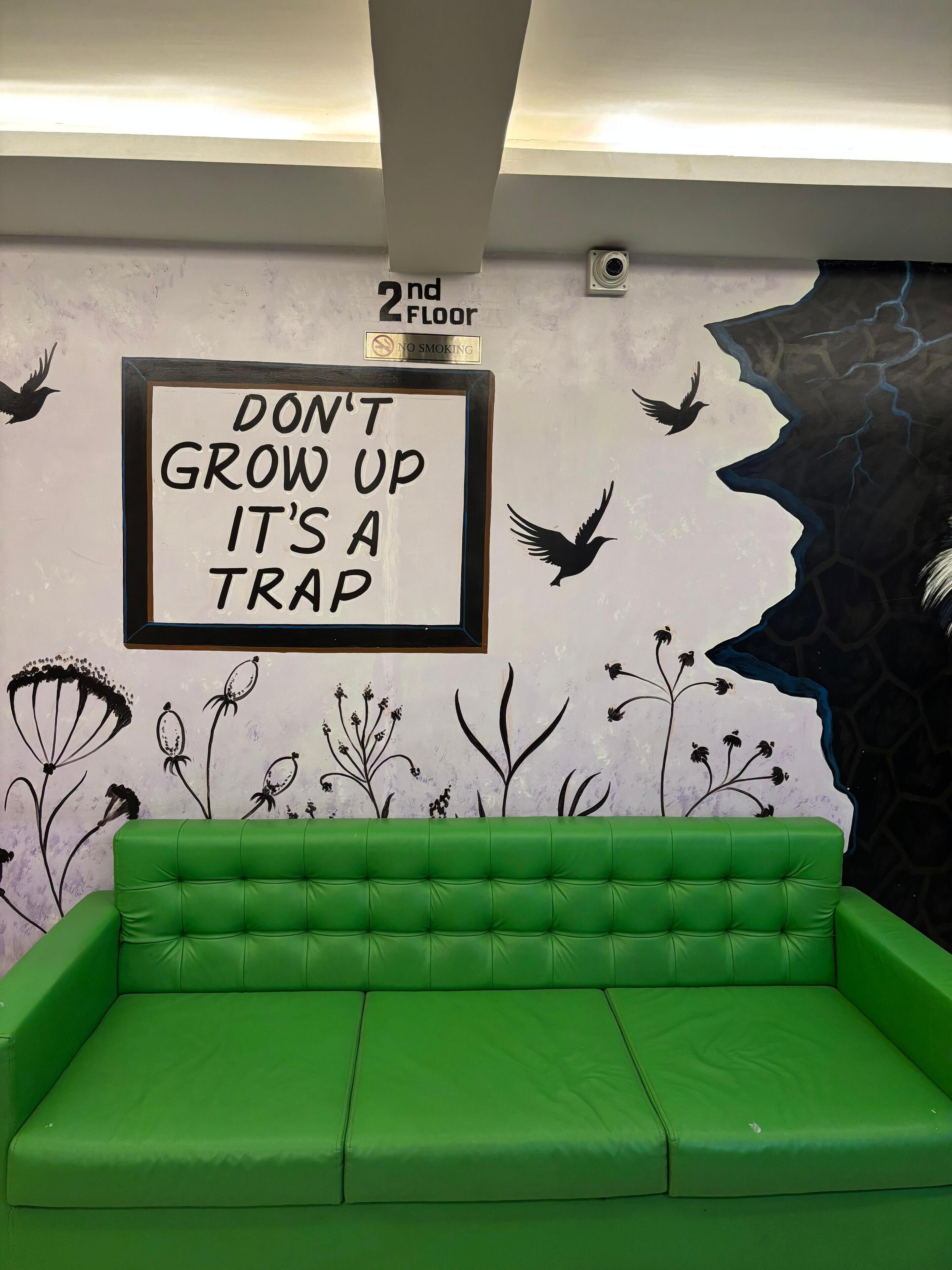 Um sofá verde num quarto com um mural de aves e plantas, e uma placa com a inscrição 'DON'T GROW UP IT'S A TRAP'.