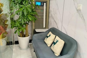 Quarto com sofá cinza, duas almofadas decorativas, uma planta em vaso e parede de mármore.