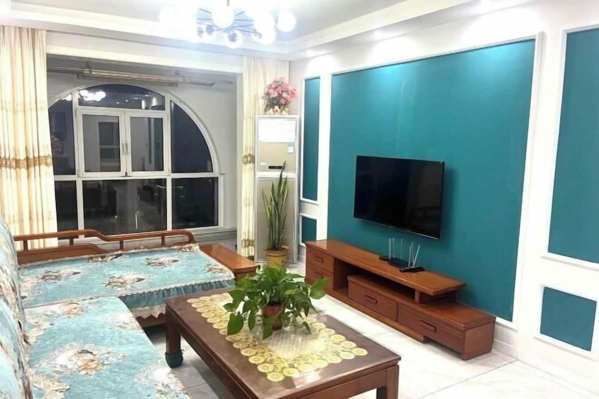 Uma sala de estar com um sofá, uma mesa de centro, uma televisão e um vaso de plantas.