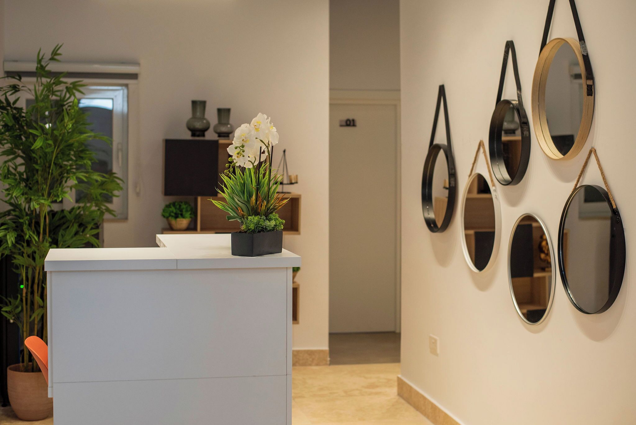 Uma área de recepção com balcão branco, plantas em vasos e uma parede com vários espelhos.