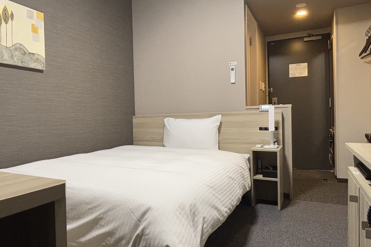 Quarto de hotel com cama, escrivaninha, cadeira, guarda-roupa, espelho e um quadro na parede.