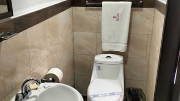 Um polibã, toalhas fornecidas, sabão, champô