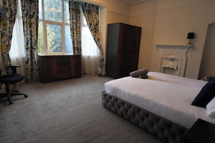 Quarto com cama, escrivaninha, guarda-roupa e lareira.