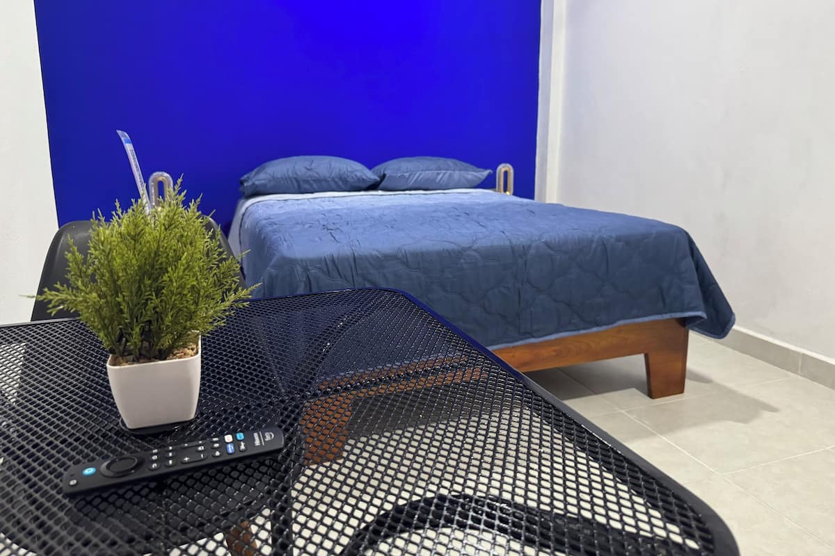 Um quarto com uma cama, uma mesinha com uma planta em vaso e um controle remoto.