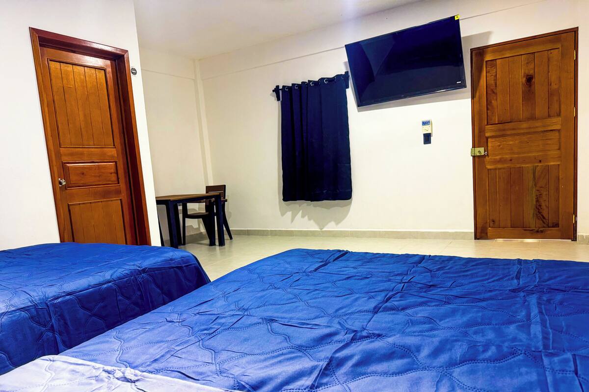 Quarto com duas camas, televisão, escrivaninha e duas portas.