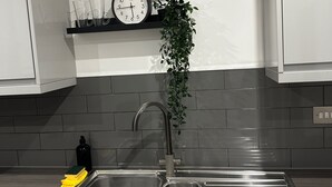 Uma cozinha moderna com uma pia de aço inoxidável, um relógio e um vaso de planta em uma prateleira.
