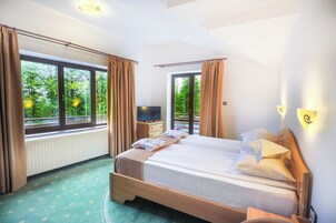 Quarto de hotel com uma cama grande, televisão e vista para árvores pelas janelas.