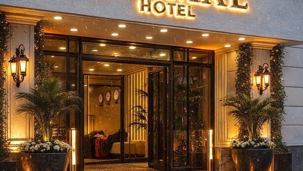 Exterior do Hotel Optimal, com letreiros iluminados, grandes vasos de plantas e pavimento molhado e refletivo.