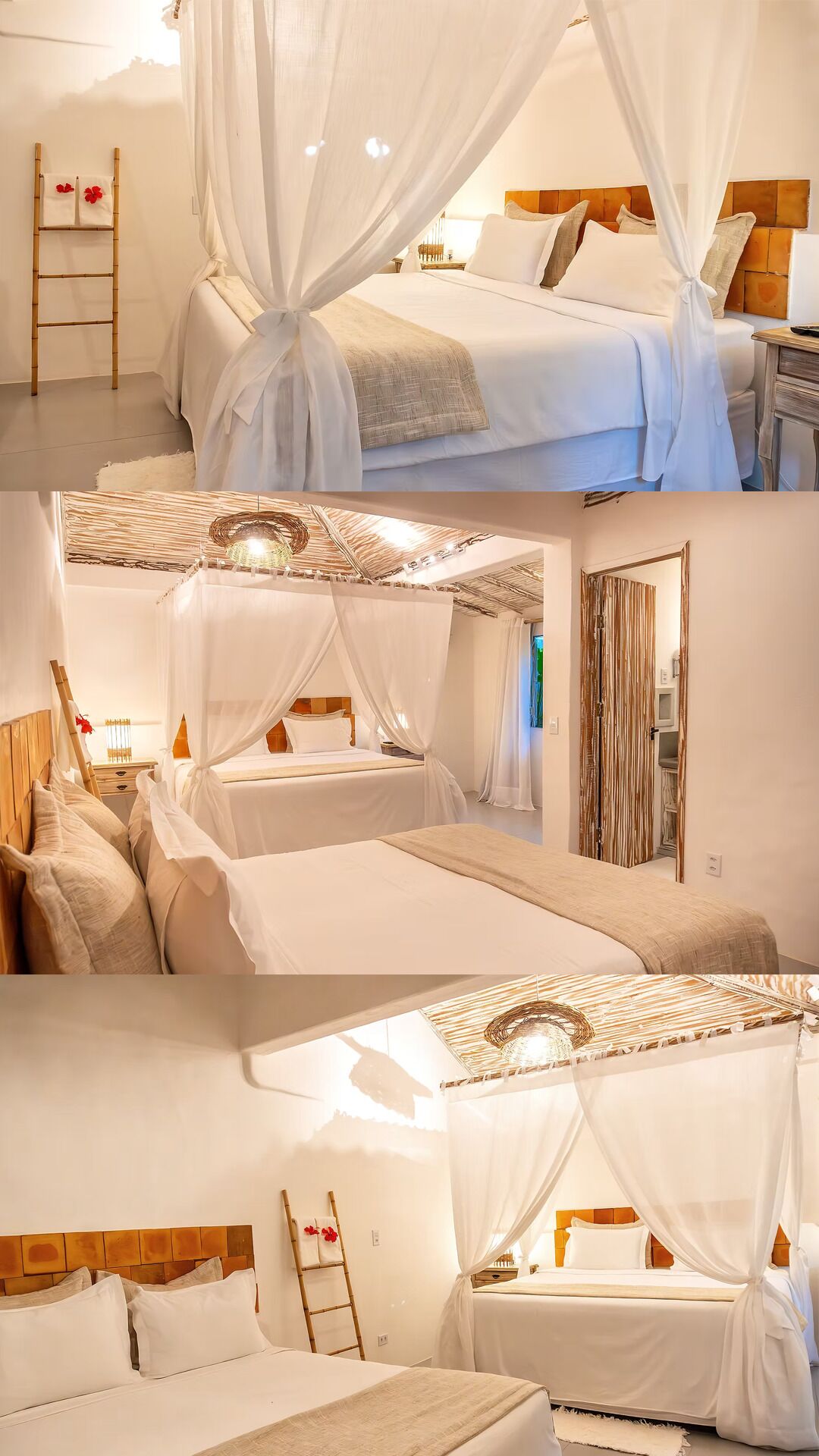Quarto de hotel com cama, mesa de cabeceira, luminária, guarda-roupa e espelho.