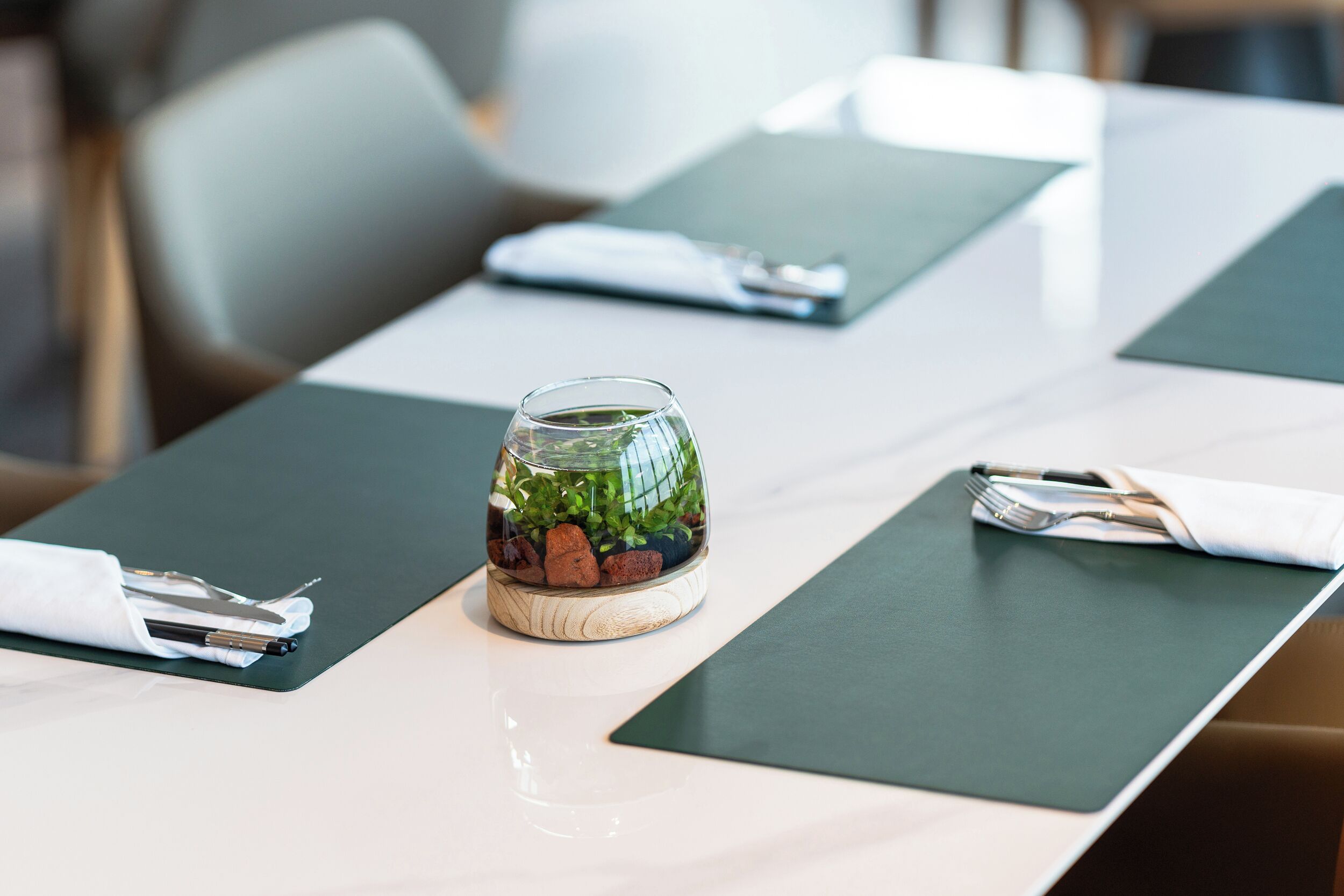Uma mesa de jantar com um centro de mesa em terrário de vidro, talheres organizados e jogos americanos verdes.