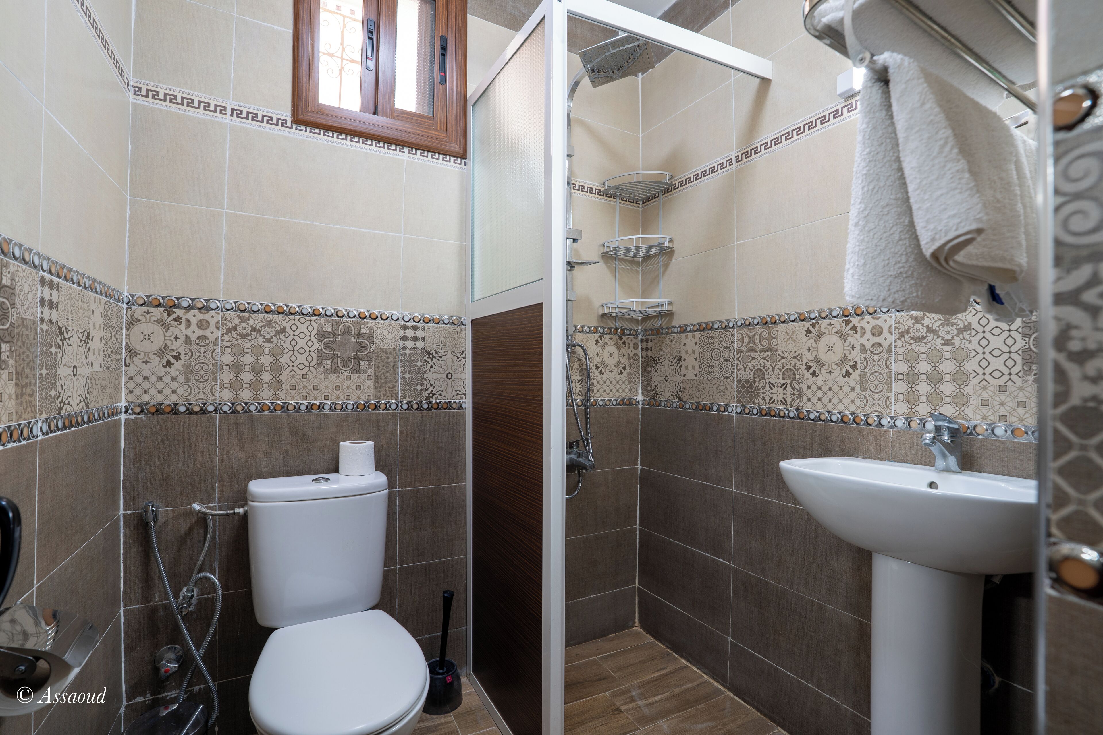 Casa de banho com sanita, lavatório, chuveiro e azulejos estampados.