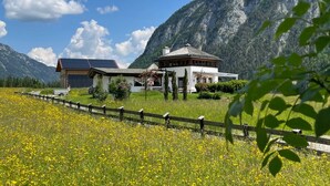 Uma casa na montanha com um painel solar, cercada por um campo de flores amarelas e uma cerca de madeira.