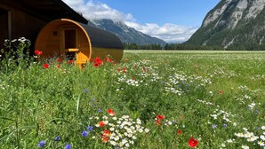 Uma cabana de madeira com porta circular, rodeada por um campo de flores silvestres e montanhas ao fundo.