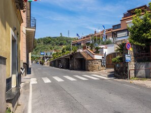 Rua com edifícios, faixa de pedestres e placa de proibido estacionar.