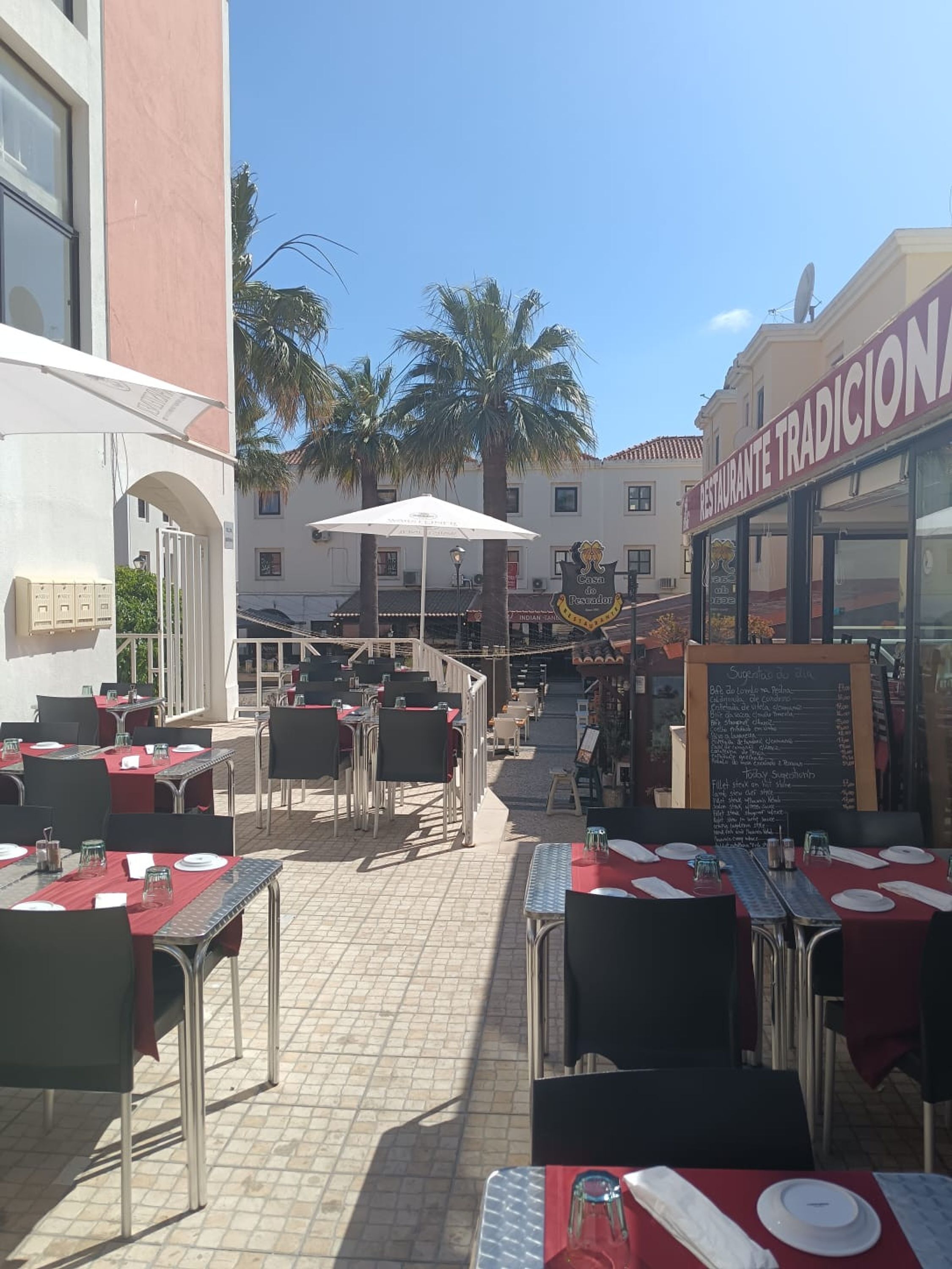 Uma área de café ao ar livre com mesas e cadeiras, palmeiras e um prédio com uma placa indicando "RESTAURANTE TRADICIONAL".