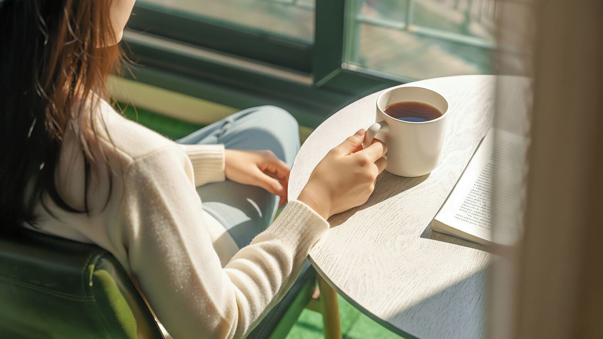Uma pessoa sentada à mesa com uma xícara de café e um livro.