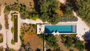Vista aérea de um resort moderno com piscina, uma pequena cascata e paisagem exuberante.