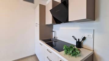 Uma cozinha moderna com uma coifa preta, uma pia e um balcão com uma planta.